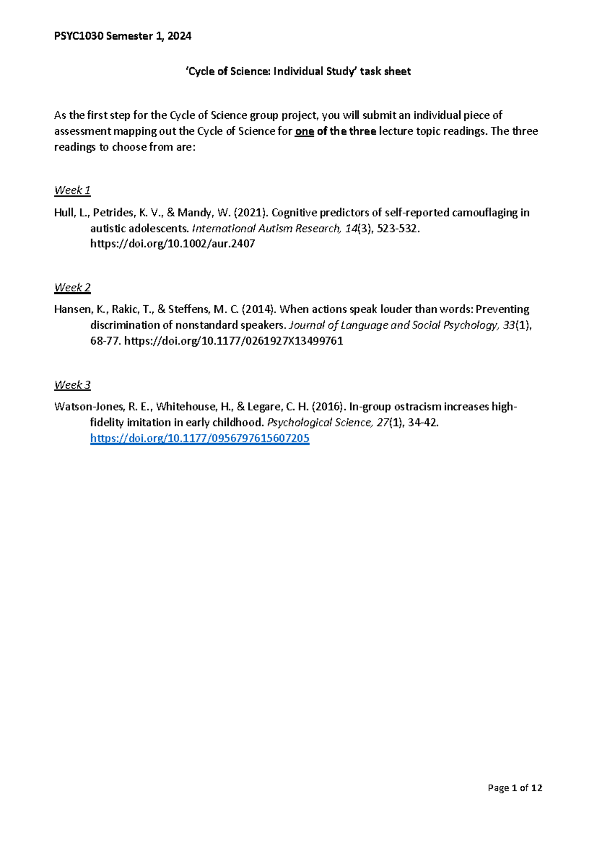 Cycle of science PSYC task sheet - ‘Cycle of Science: Individual Study ...