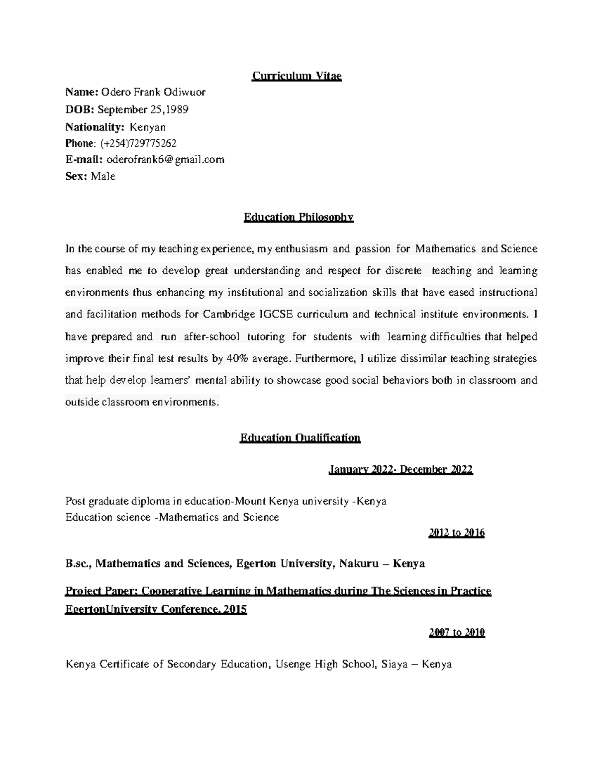 Frank cv - Notes to read - Curriculum Vitae Name: Odero Frank Odiwuor ...