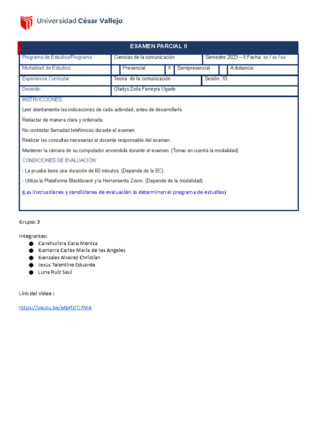 Formato Examen Parcial II - EXAMEN PARCIAL II Programa de Estudios ...