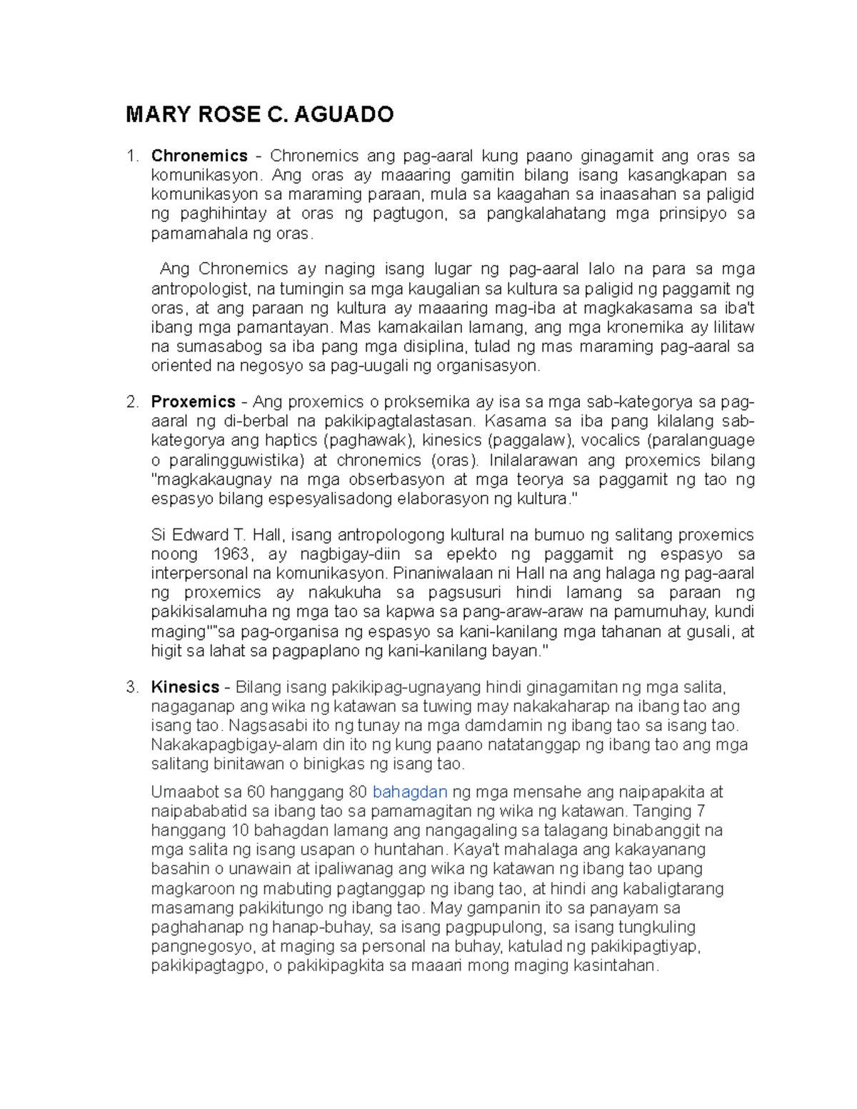S2 - filipino - MARY ROSE C. AGUADO Chronemics - Chronemics ang pag ...