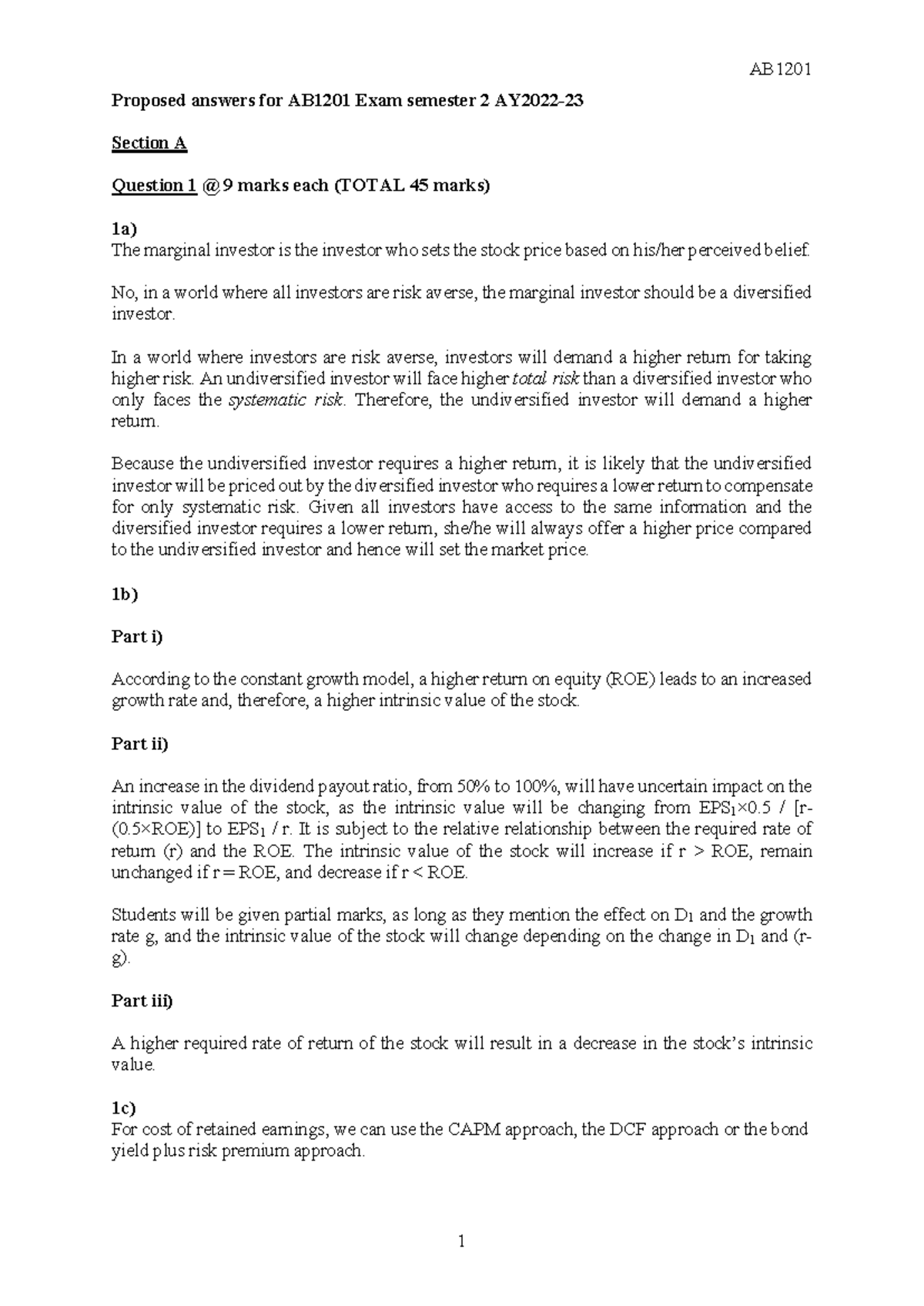 AB1201 Exam ANSWERS for years 2022 sem 2 (end paper) - Proposed answers ...