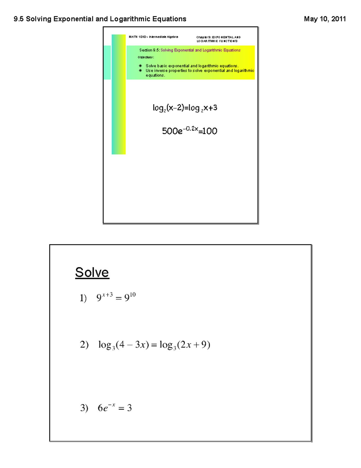 Lecture notes, lecture 9.5 - MATH 1010 - 9 Solving Exponential and ...