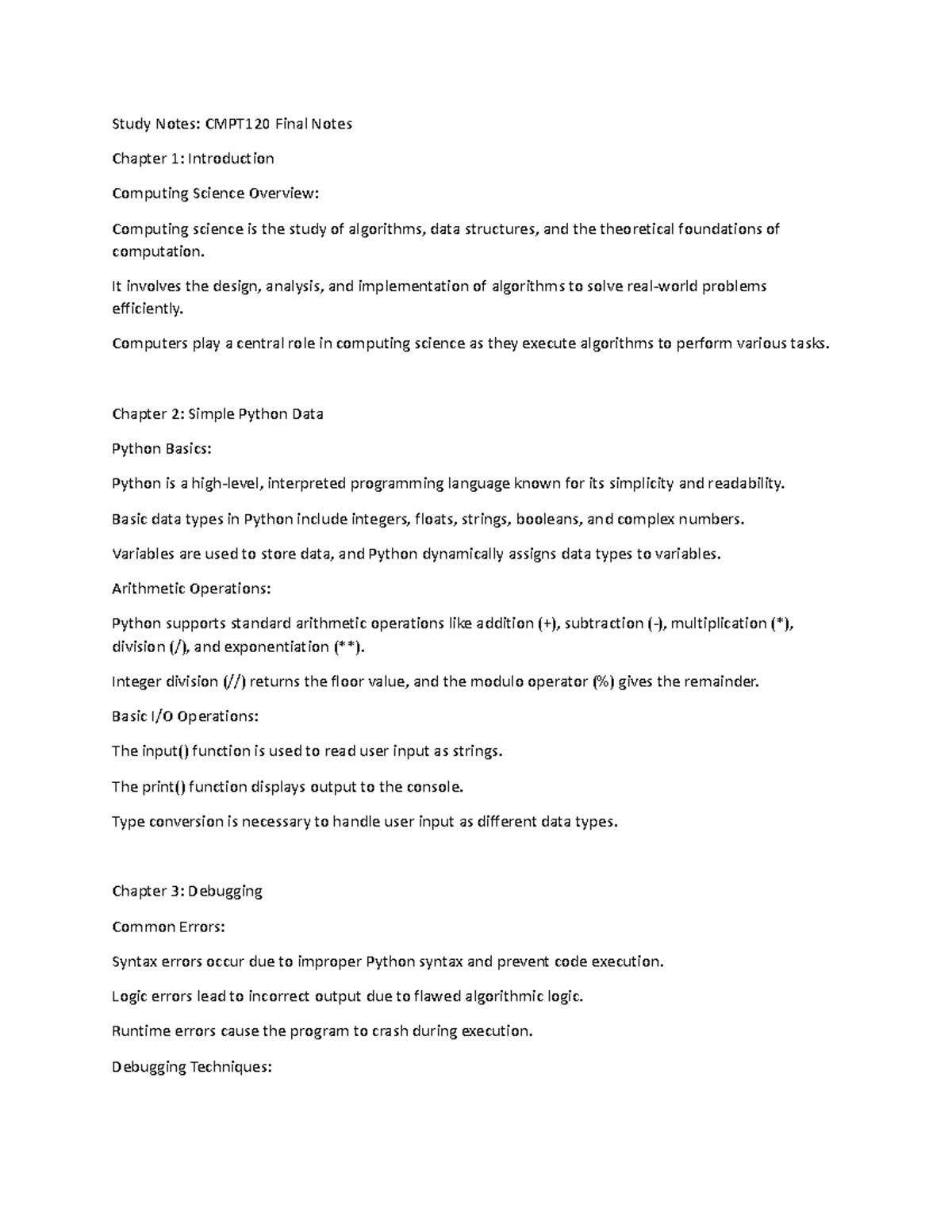 Study Notes- Short - Study Notes: CMPT120 Final Notes Chapter 1 ...