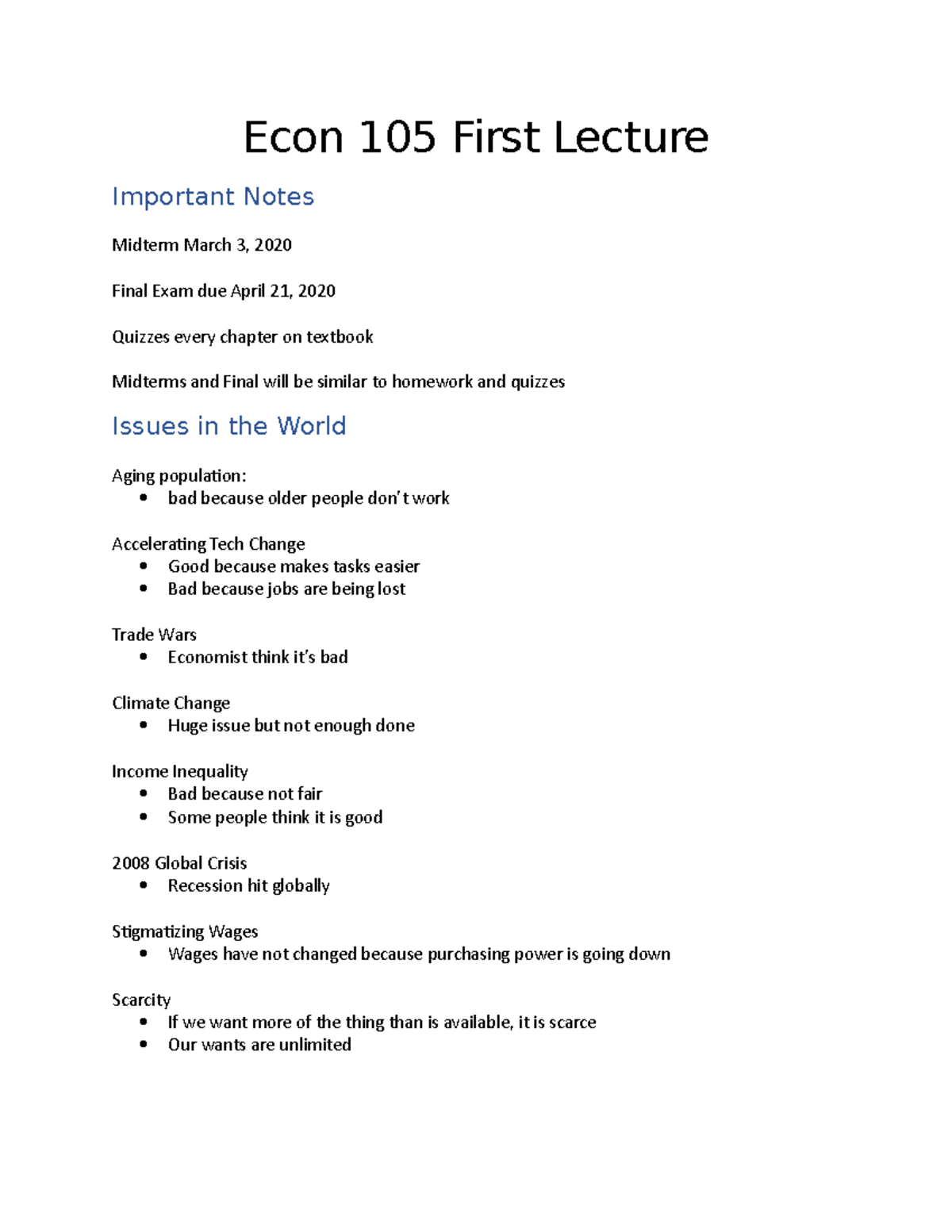 Econ 105 First Lecture - Econ 105 First Lecture Important Notes Midterm ...
