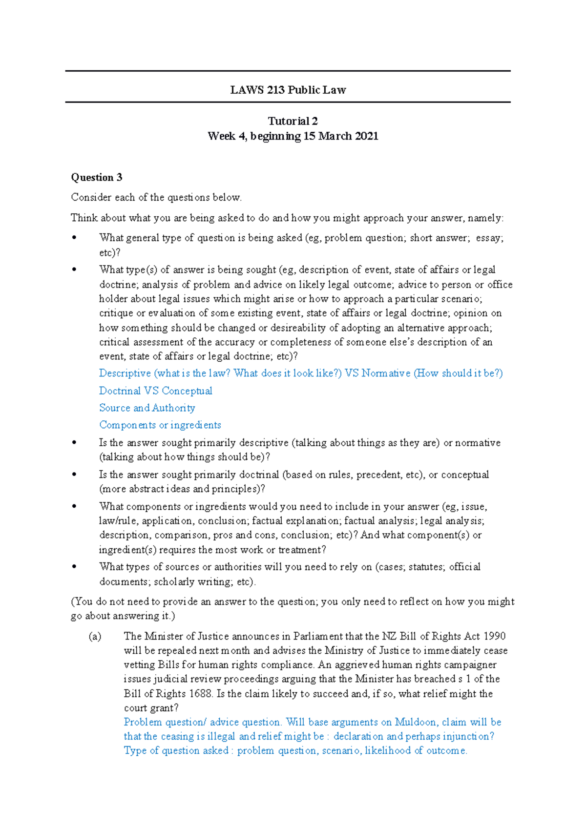 Public Tut W4 - Tutorial and answers - LAWS 213 Public Law Tutorial 2 ...