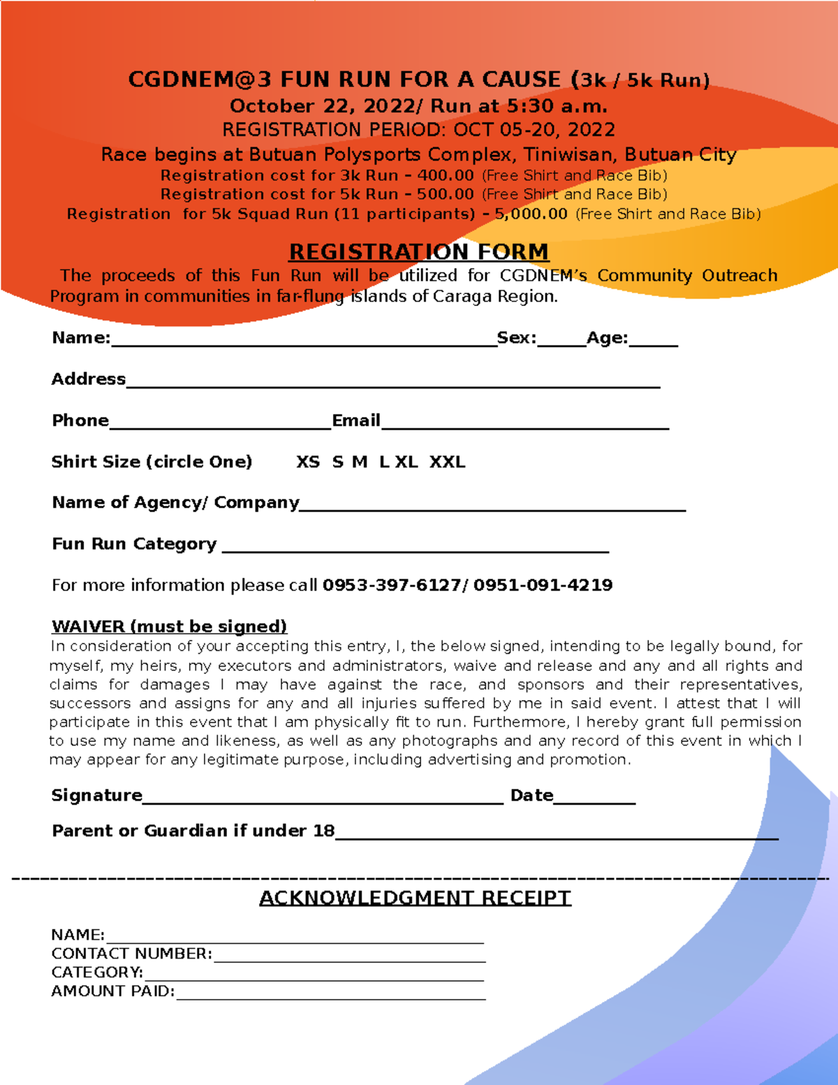 Cgdnem Sponsorship Forms CGDNEM 3 FUN RUN FOR A CAUSE 3k 5k Run