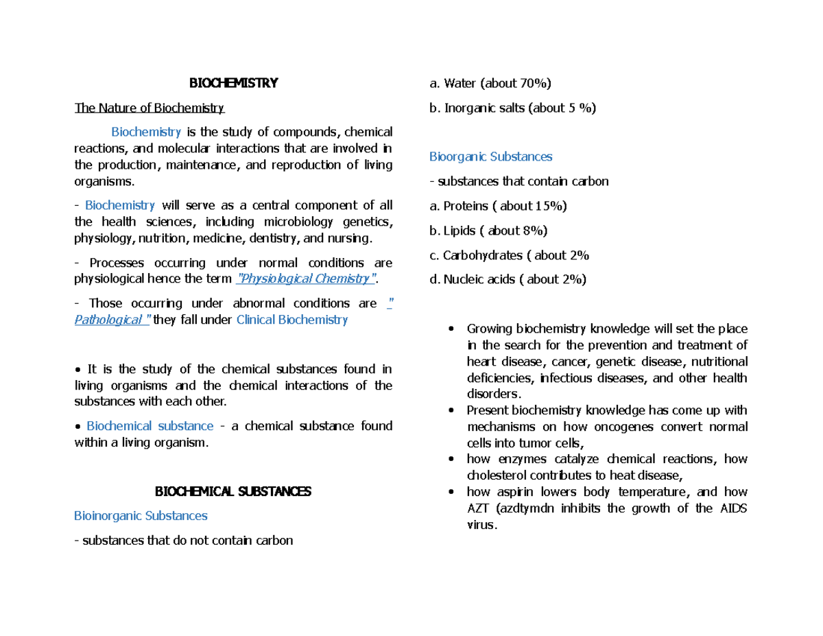 Biochemistry Transes First SEM - BIOCHEMISTRY The Nature of ...