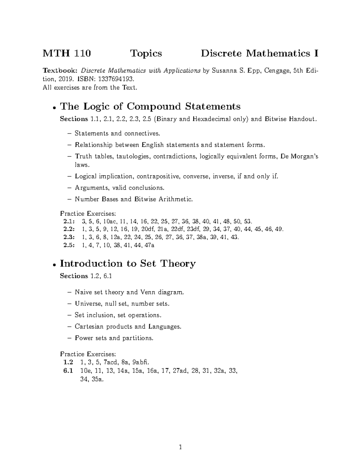 MTH110-Topics - Topics - MTH 110 Topics Discrete Mathematics I Textbook: Discrete Mathematics ...