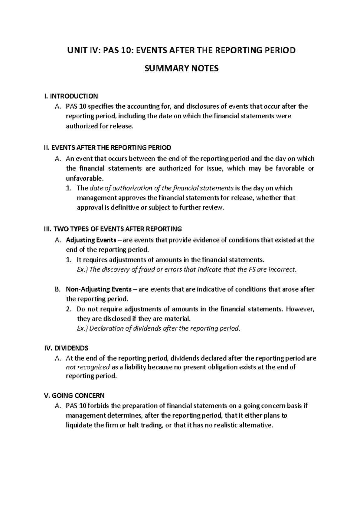 PAS 10 UNIT 4 Summary Notes - UNIT IV: PAS 10 : EVENTS AFTER THE ...
