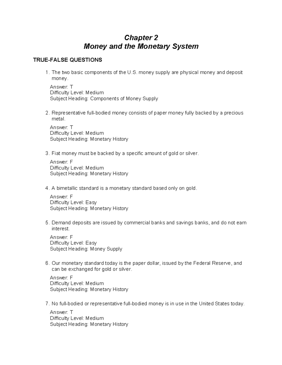 Ch02 - answer - Chapter 2 Money and the Monetary System TRUE-FALSE ...