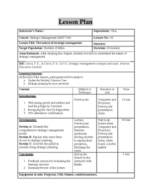 Lesson Plan Lec 04 MGT 504 - Lesson Plan Instructor’s Name:: Department ...