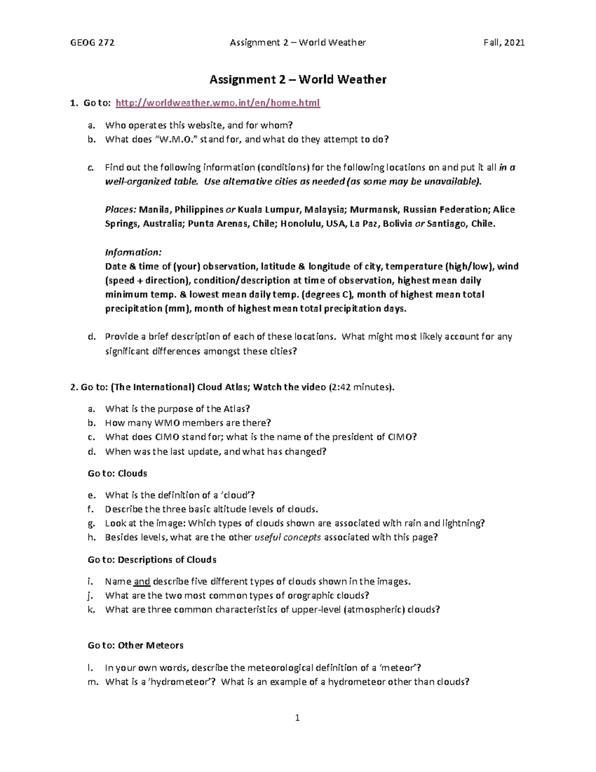Assignment 2 World Weather, F 2021 - GEOG 272 - Concordia - Studocu