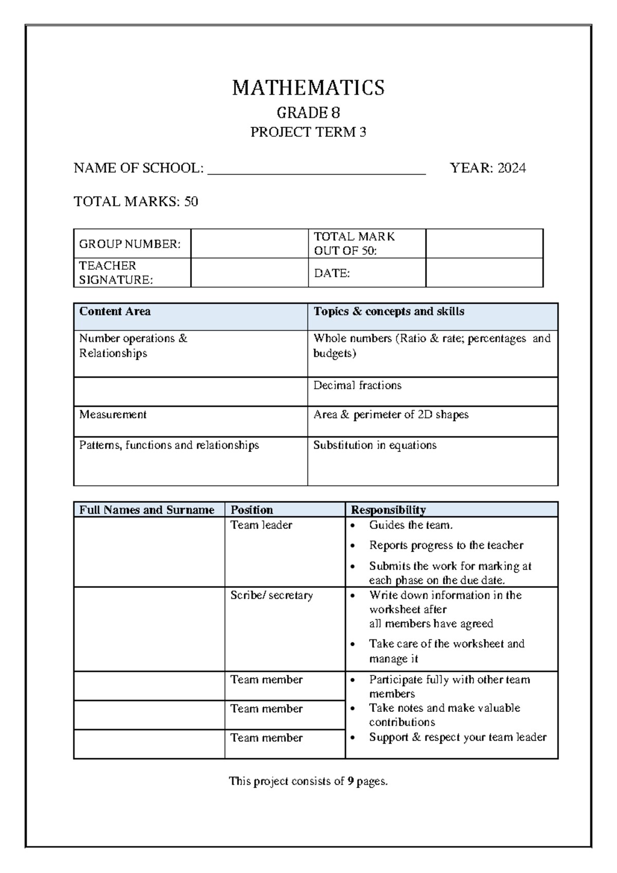 Grade 8 Project Exampler 1 ENG - 2024 - MATHEMATICS GRADE 8 PROJECT ...
