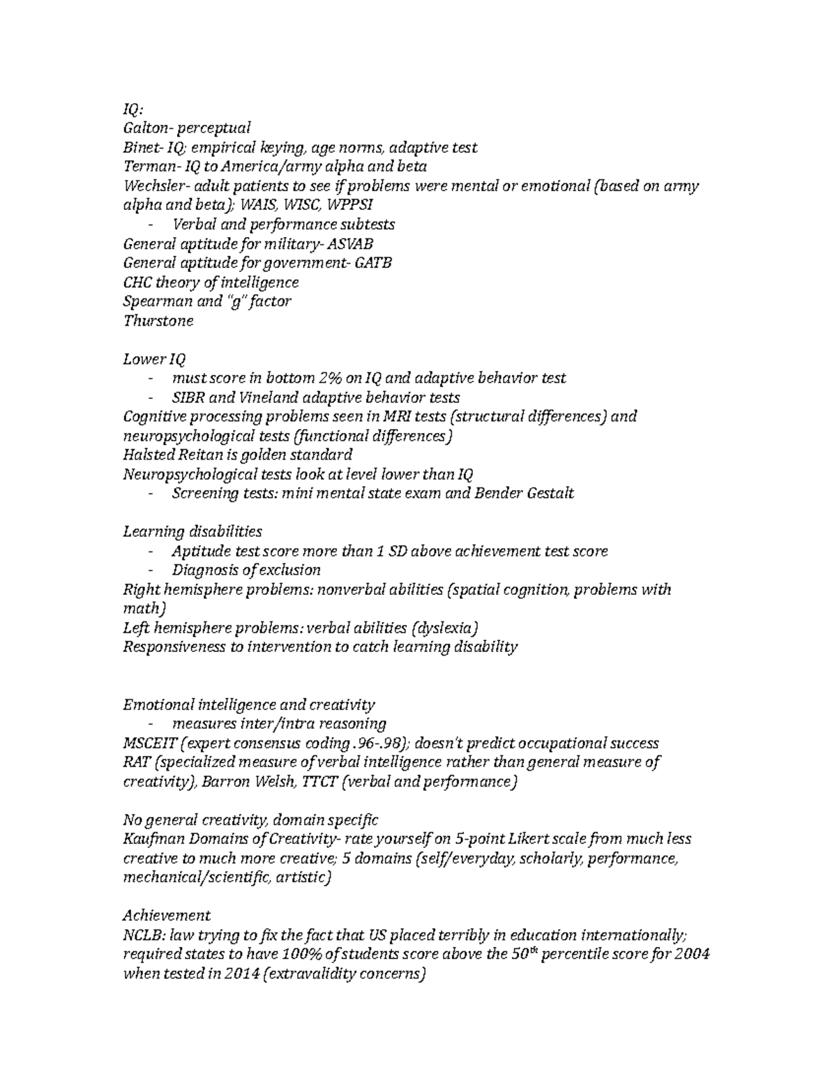 Psych exam 3 overview - IQ: Galton- perceptual Binet- IQ; empirical ...