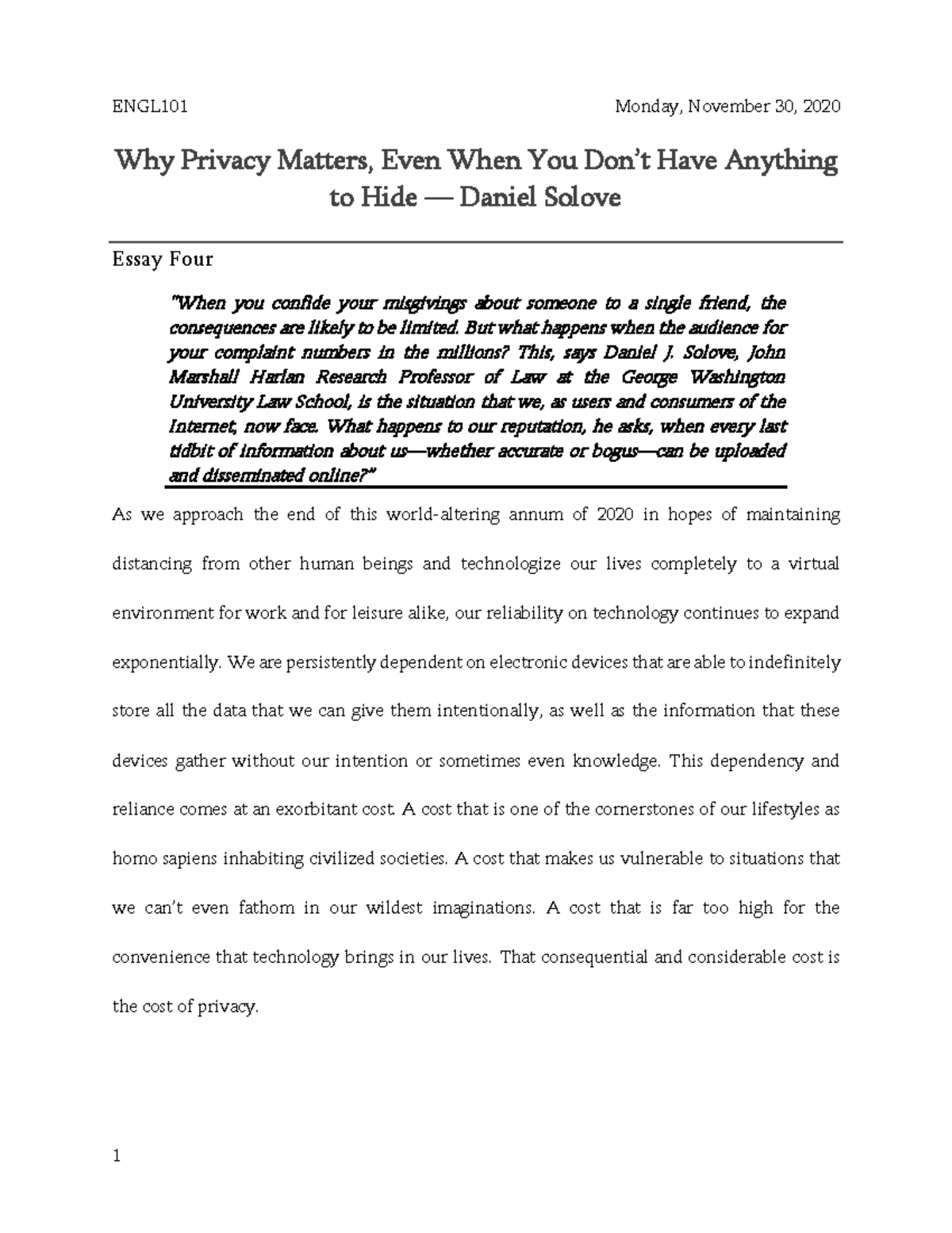 Essay 4 - ENGL101 Monday, November 30, 2020 1 Why Privacy Matters, Even ...
