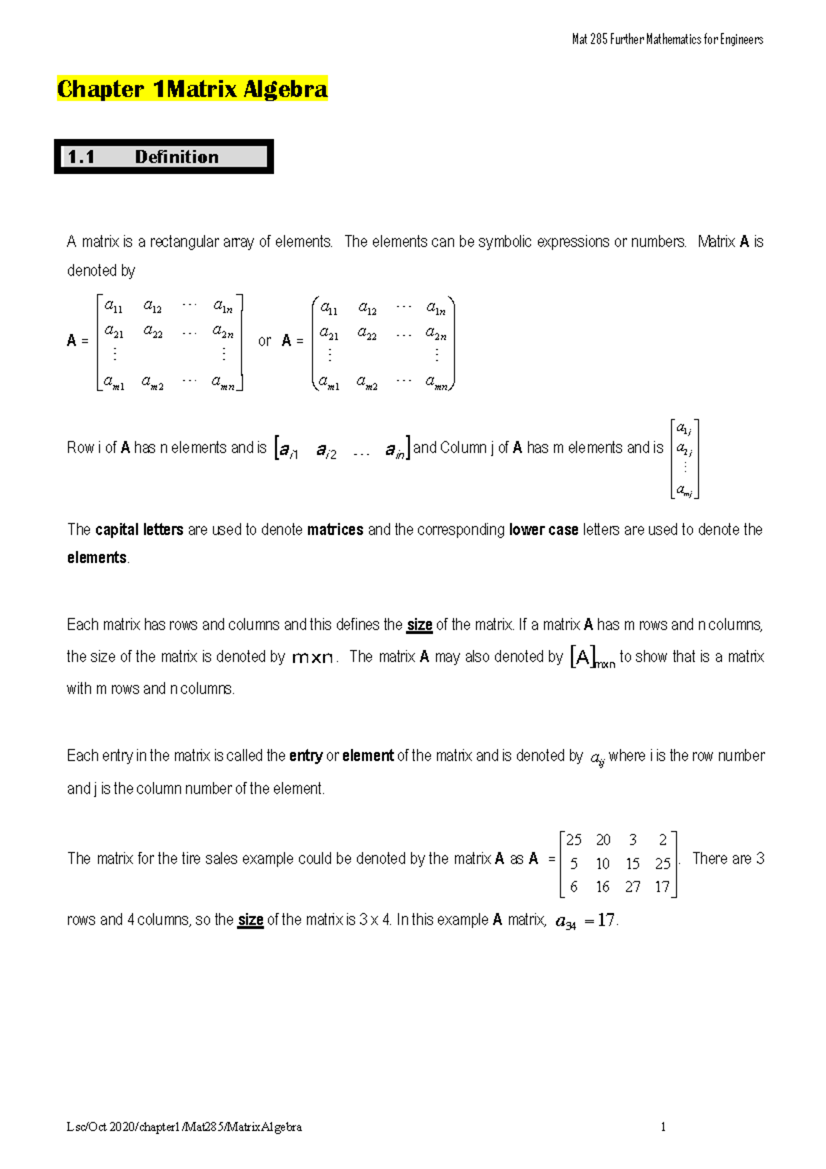 1a Matrix Algebra Oct 2022 - Chapter 1Matrix Algebra 1 Definition A ...