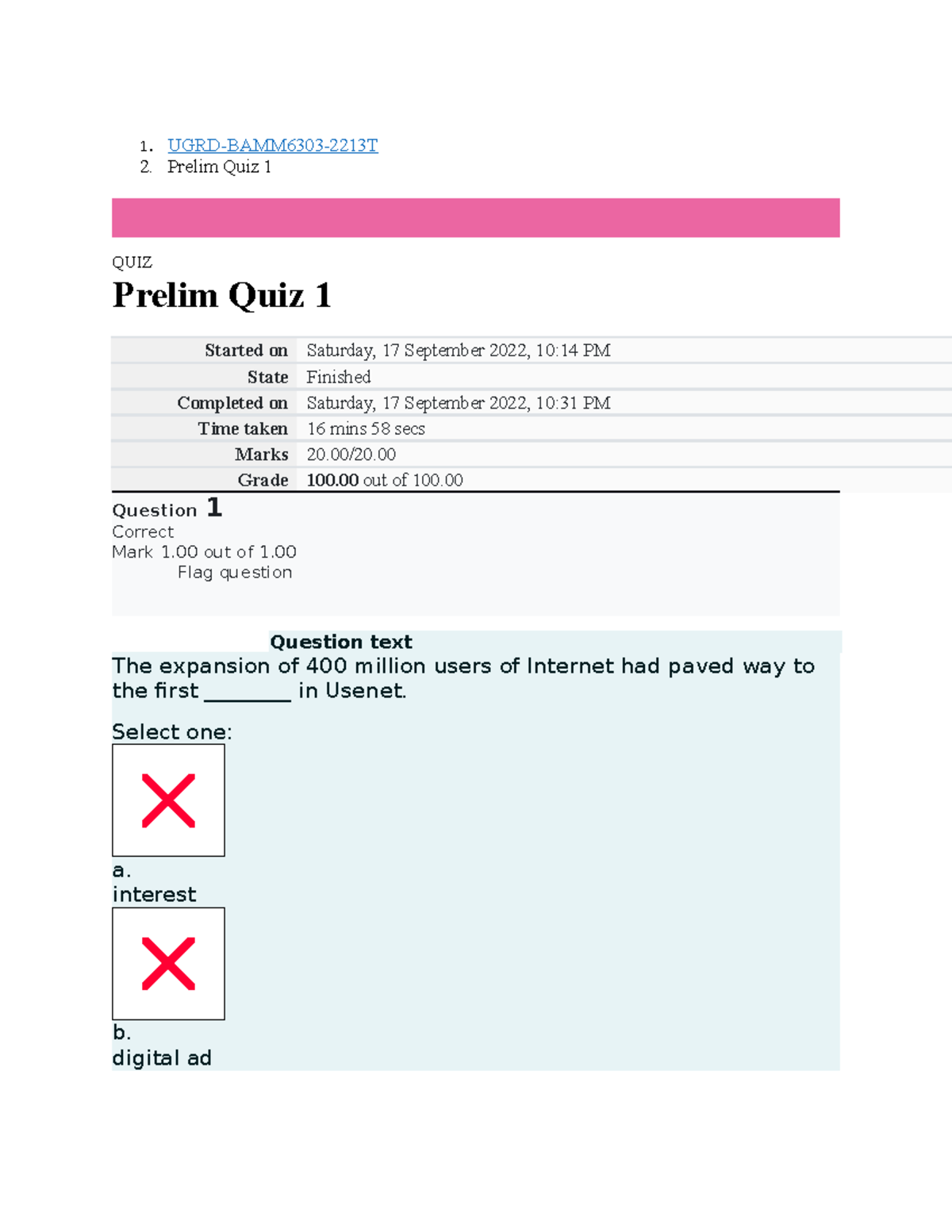 BAMM6303 prelim 1 - UGRD-BAMM6303-2213T Prelim Quiz 1 QUIZ Prelim Quiz ...