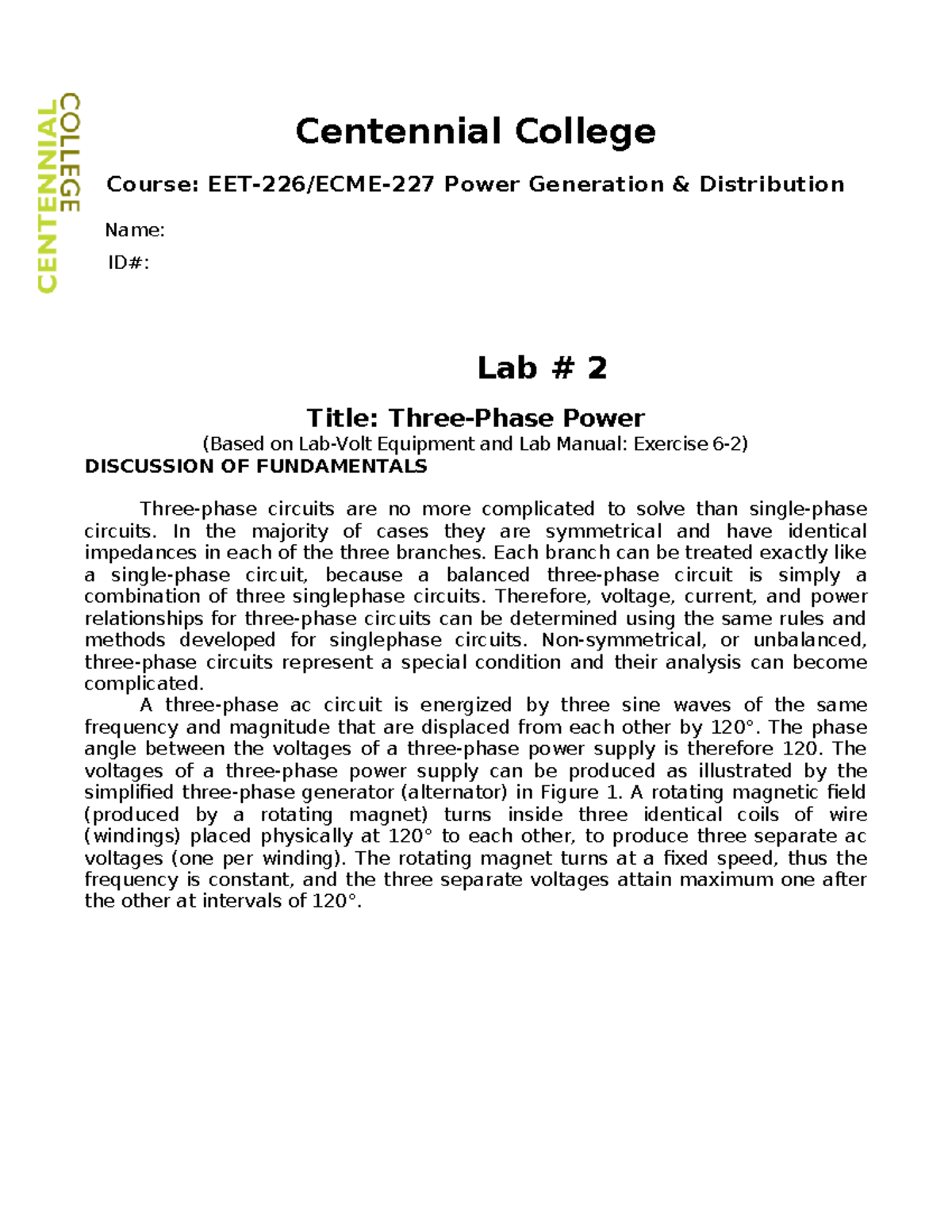 EET-226 Lab # 2 three phase power - Centennial College Course: EET-226 ...