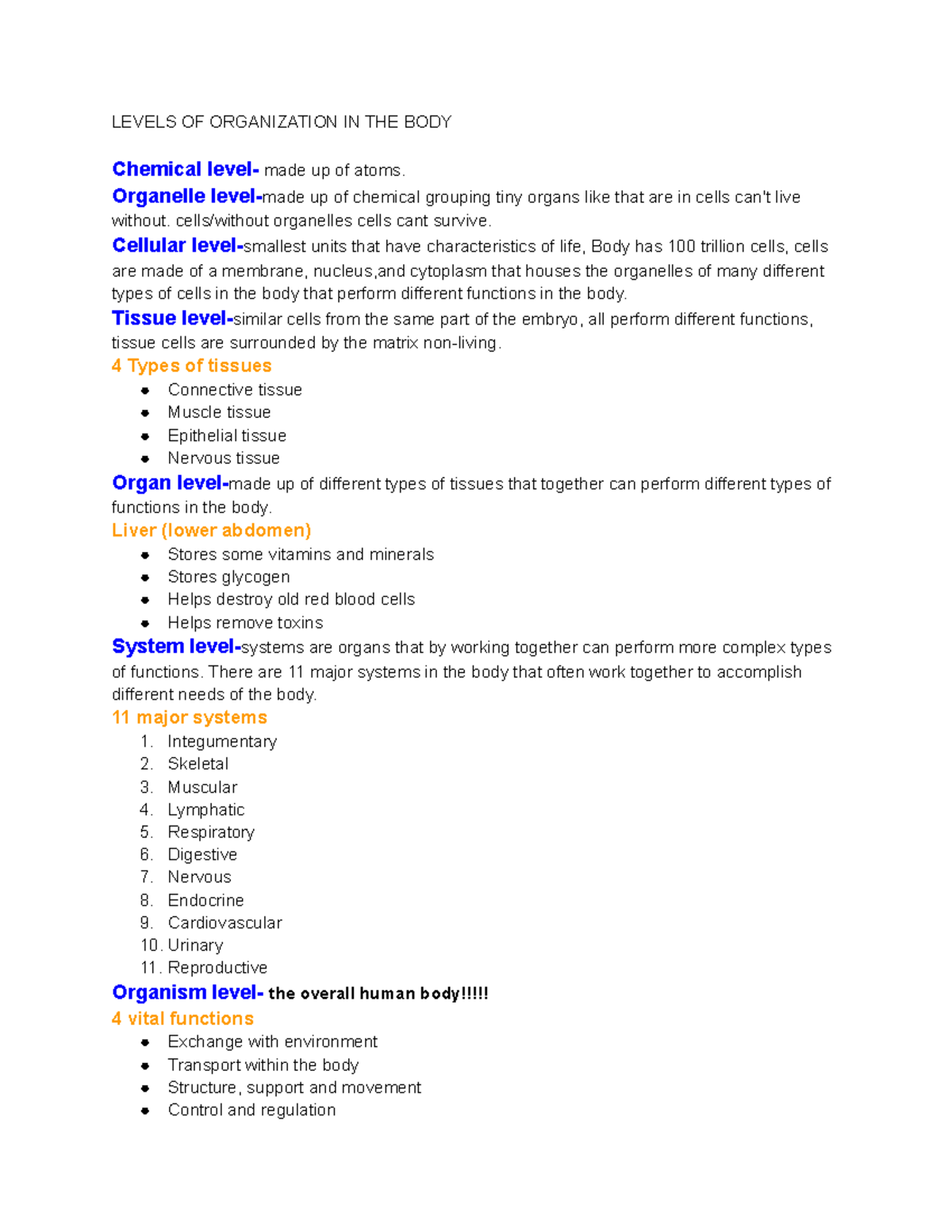 Levels OF Organization IN THE BODY - LEVELS OF ORGANIZATION IN THE BODY ...