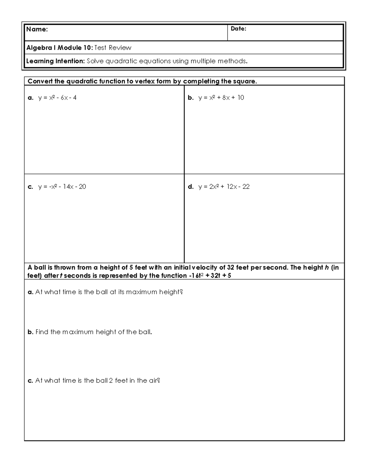 Alg I M10 Test Review - Name: Date: Algebra I Module 10: Test Review ...