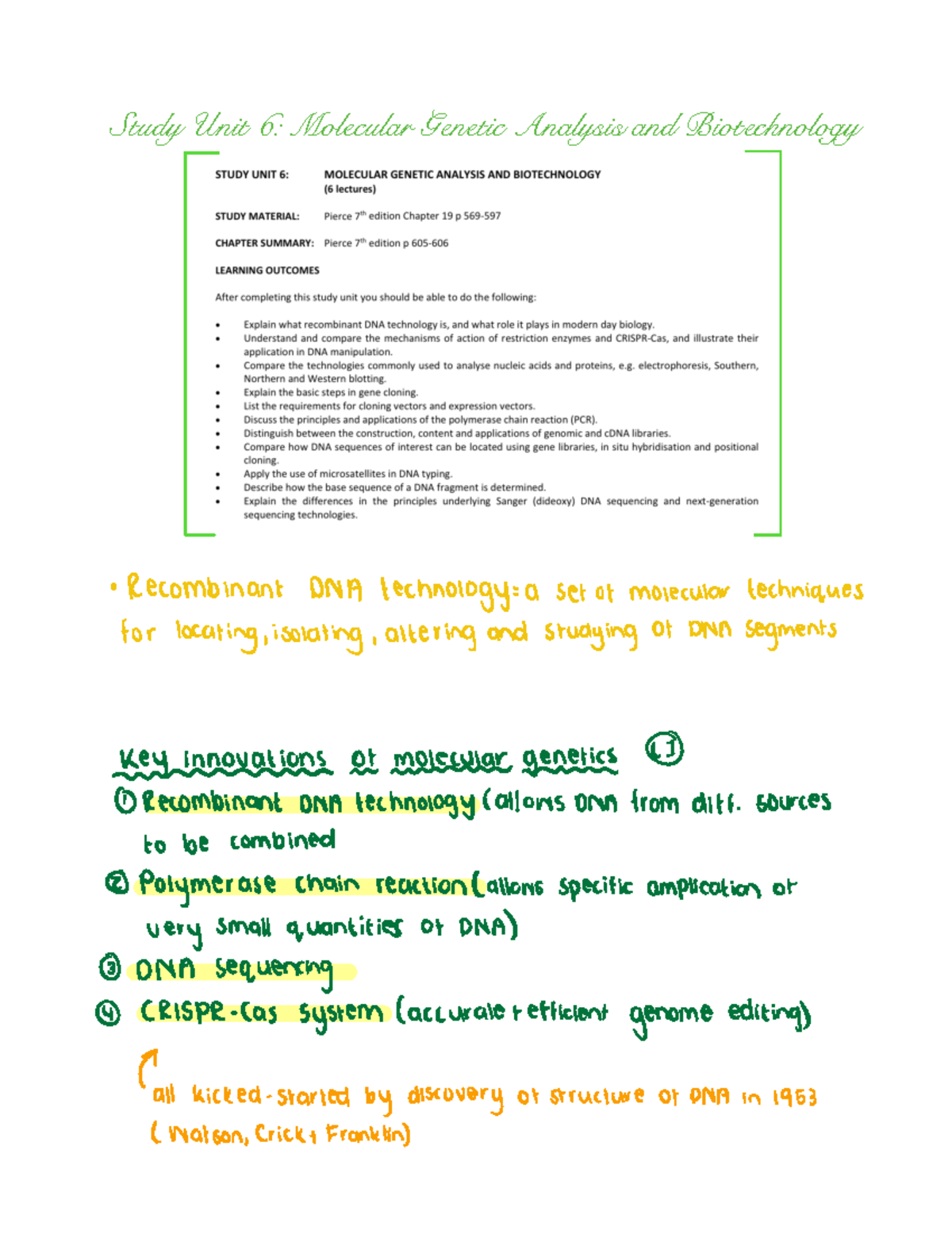 Study Unit 6 Notes - Recombinant DNA technology a setofmolecular ...