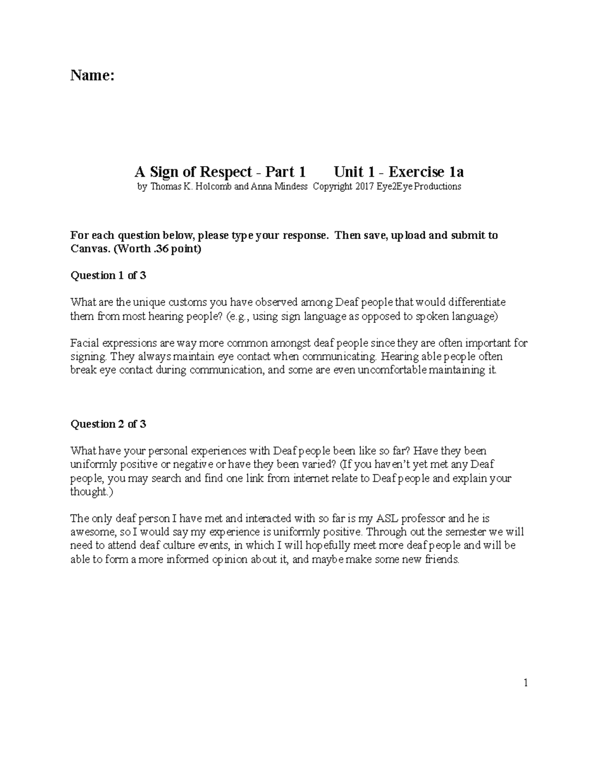 SOR #1 Exercise 1 & 2 - Sign of Respect one - A Sign of Respect - Part ...