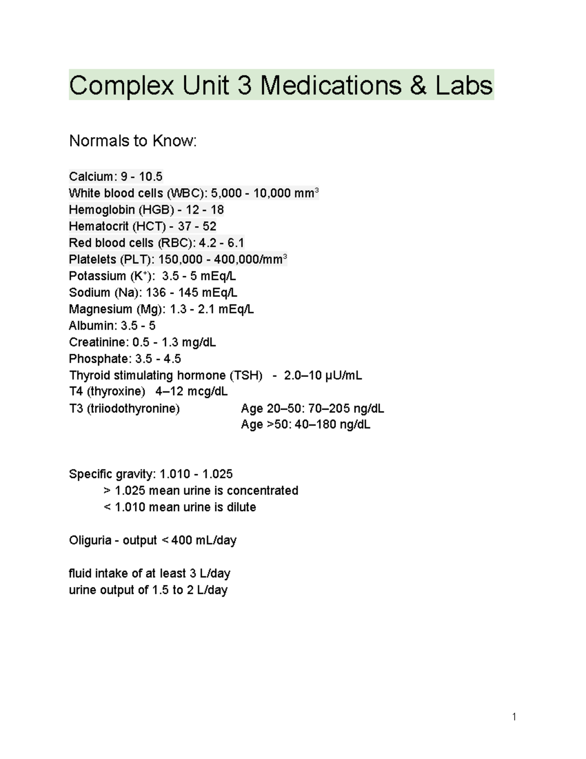 Unit 3 Medications & Labs - Complex Unit 3 Medications & Labs Normals ...