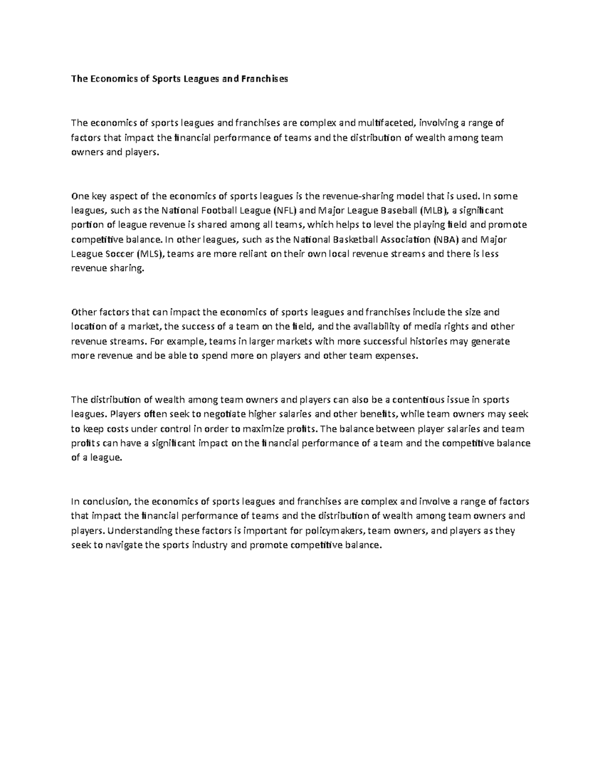 The Economics of Sports Leagues and Franchises - One key aspect of the ...