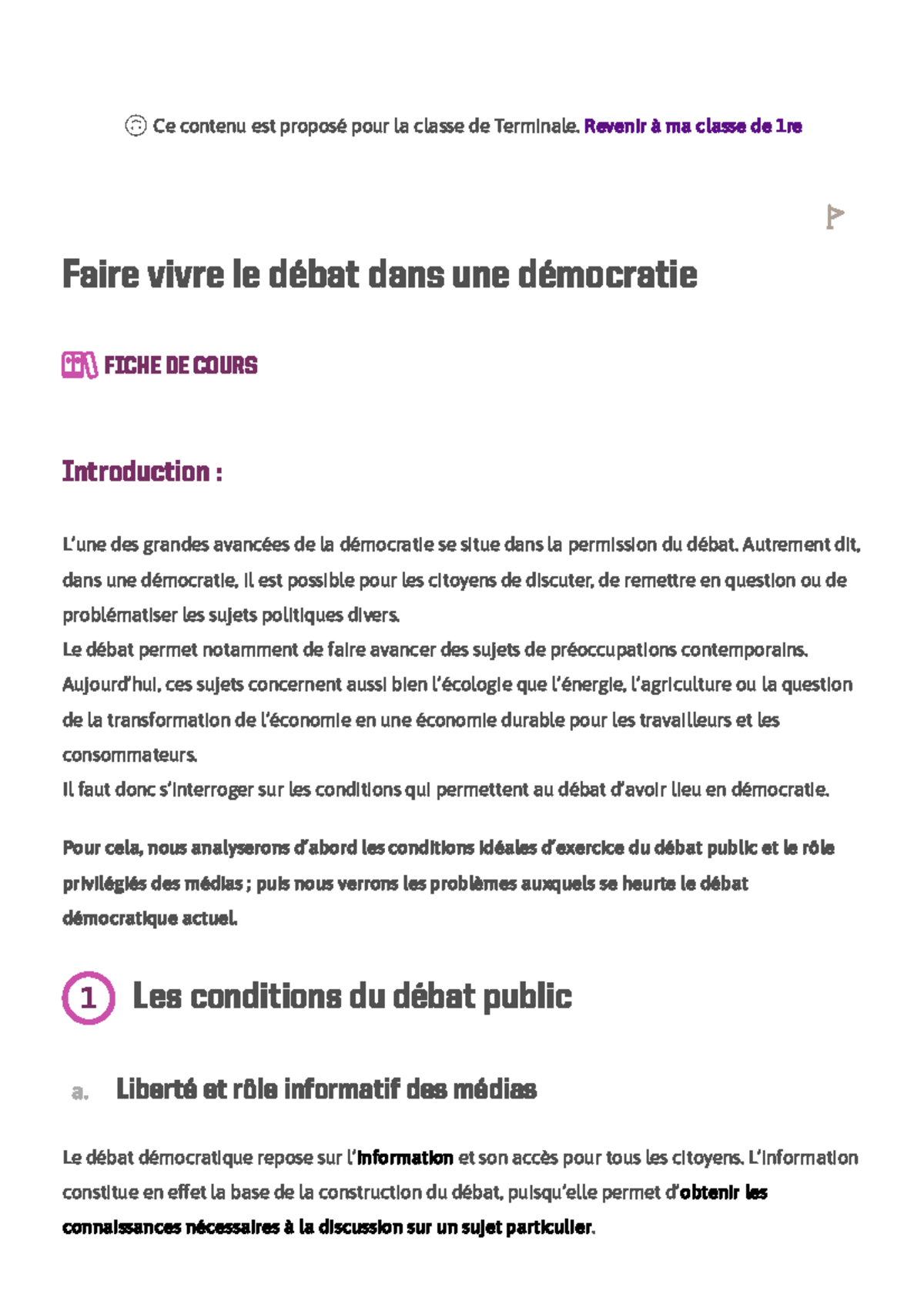 1-Faire vivre le débat dans une démocratie Fiche de cours ...