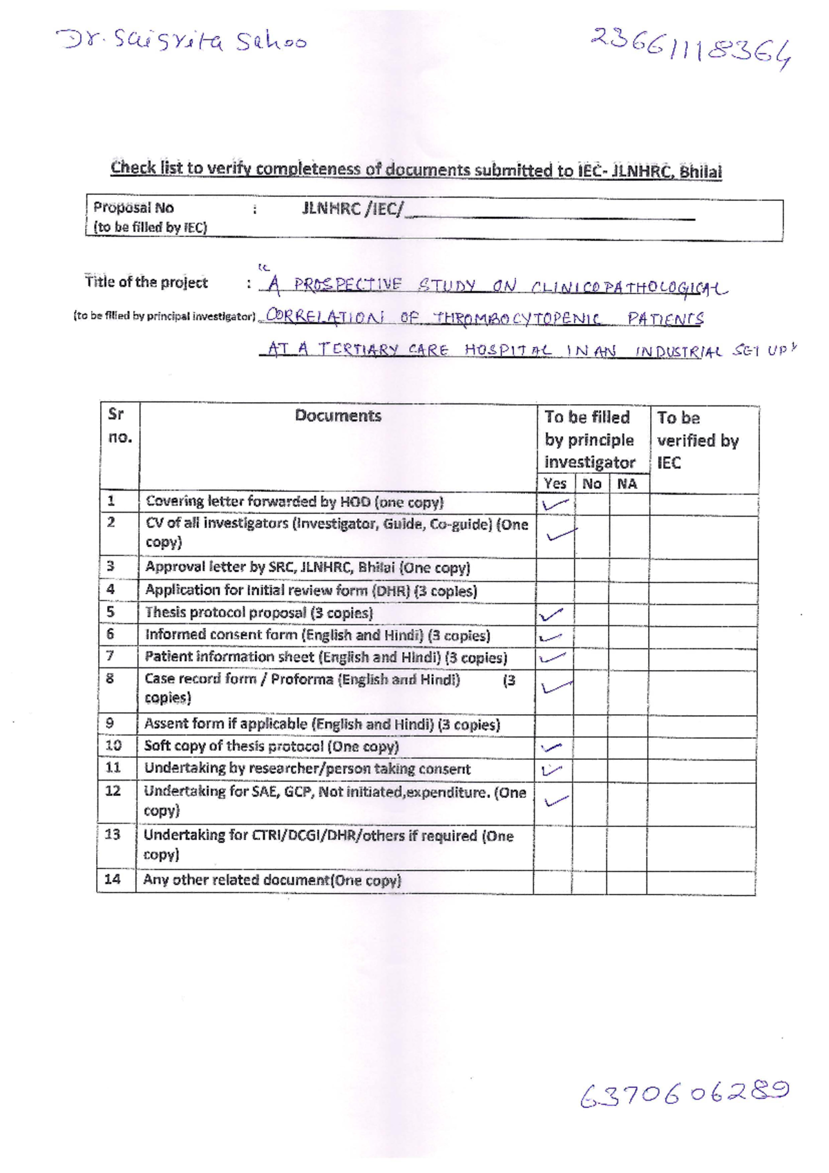 DR. Saisrita Protocol - SAIL - Dr. saisrita Sahoo Check list to verify completeness of documents ...
