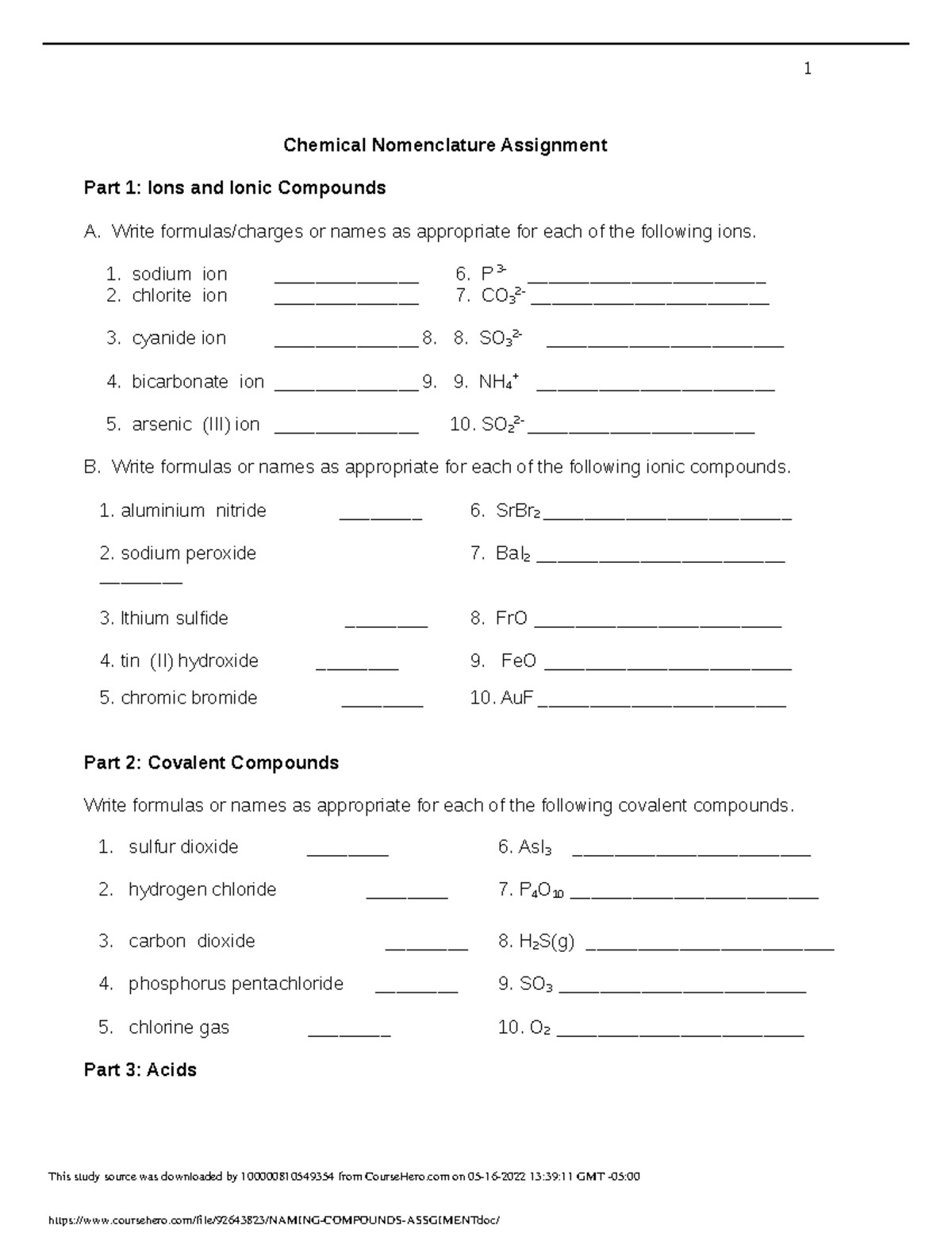 Naming Compounds Assgiment - Chemical Nomenclature Assignment Part 1 ...