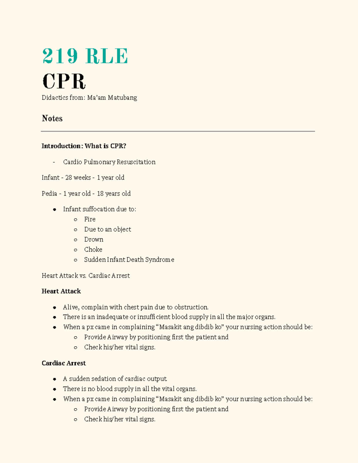 219 RLE - CPR Notes - 219 RLE CPR Didactics from: Ma’am Matubang Notes ...