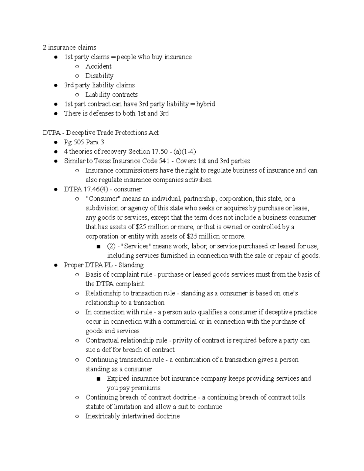 Insurance Law Lecture Notes - 2 insurance claims 1st party claims ...