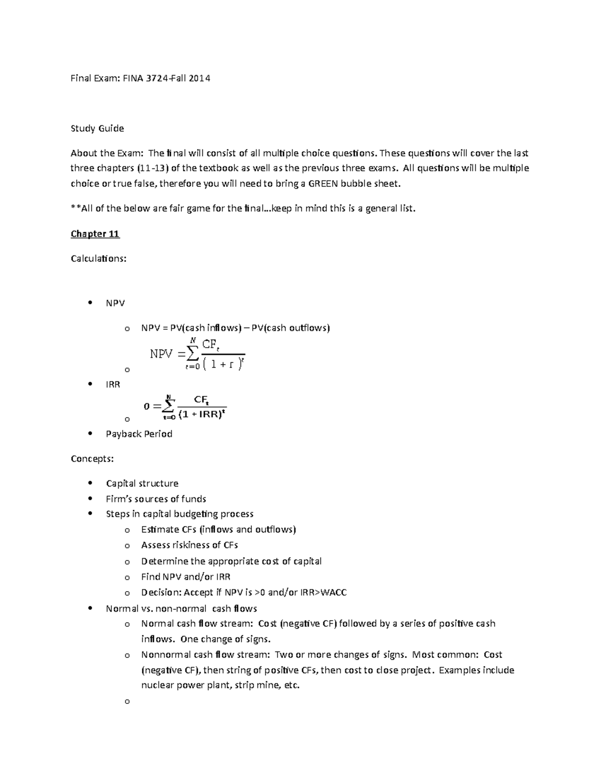 Final Exam: FINA 2014 Study Guide - Studocu