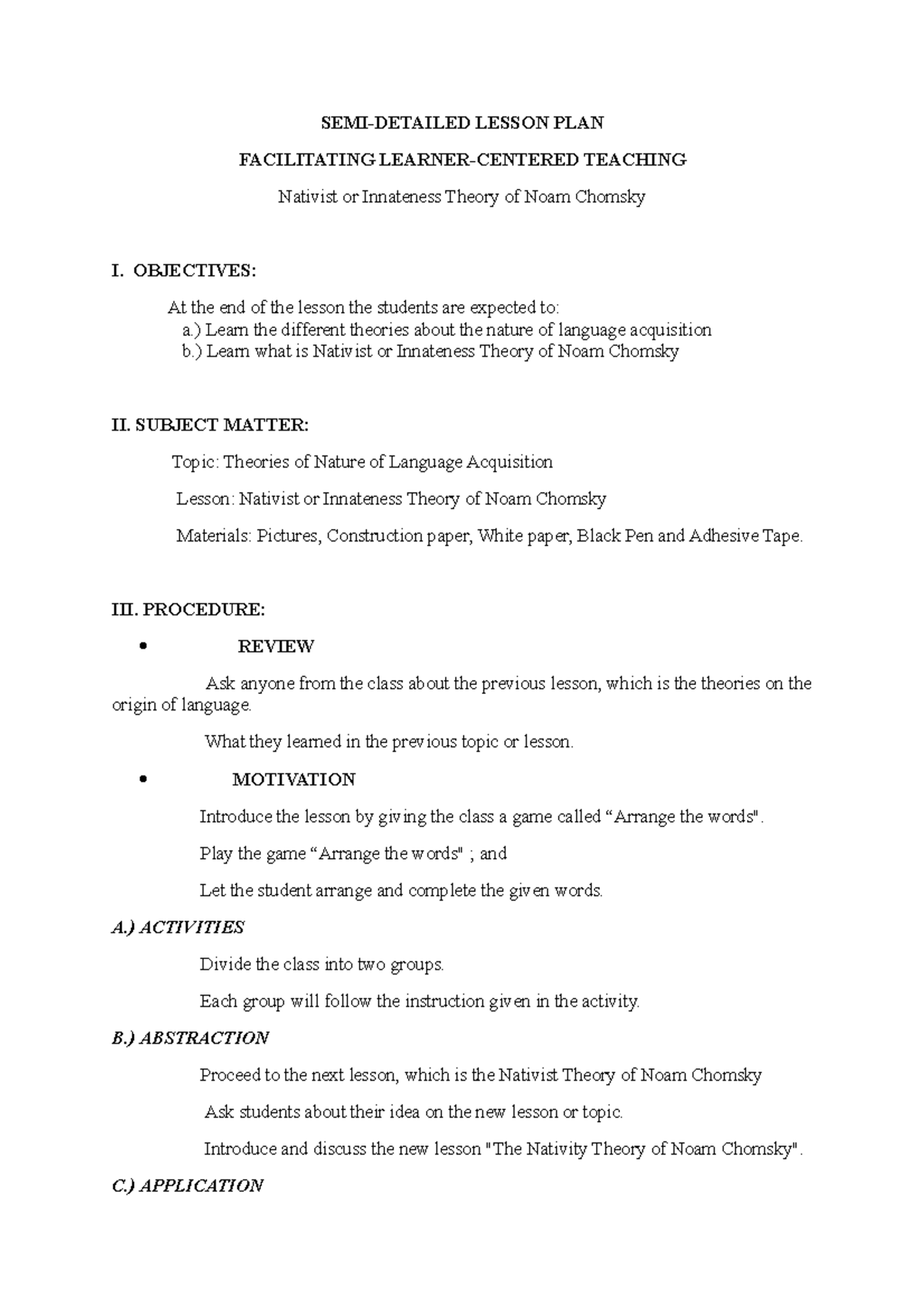 Nativist or Innateness Theory of Noam Chomsky Semi-detailed Lesson Plan ...