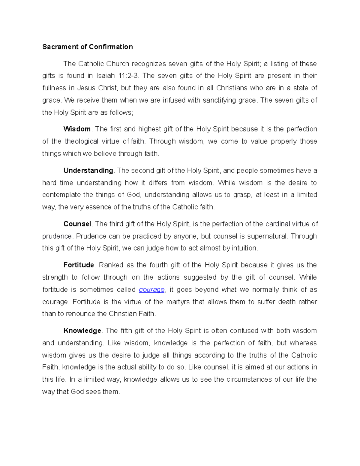 Assignment on Confirmation - Sacrament of Confirmation The Catholic ...