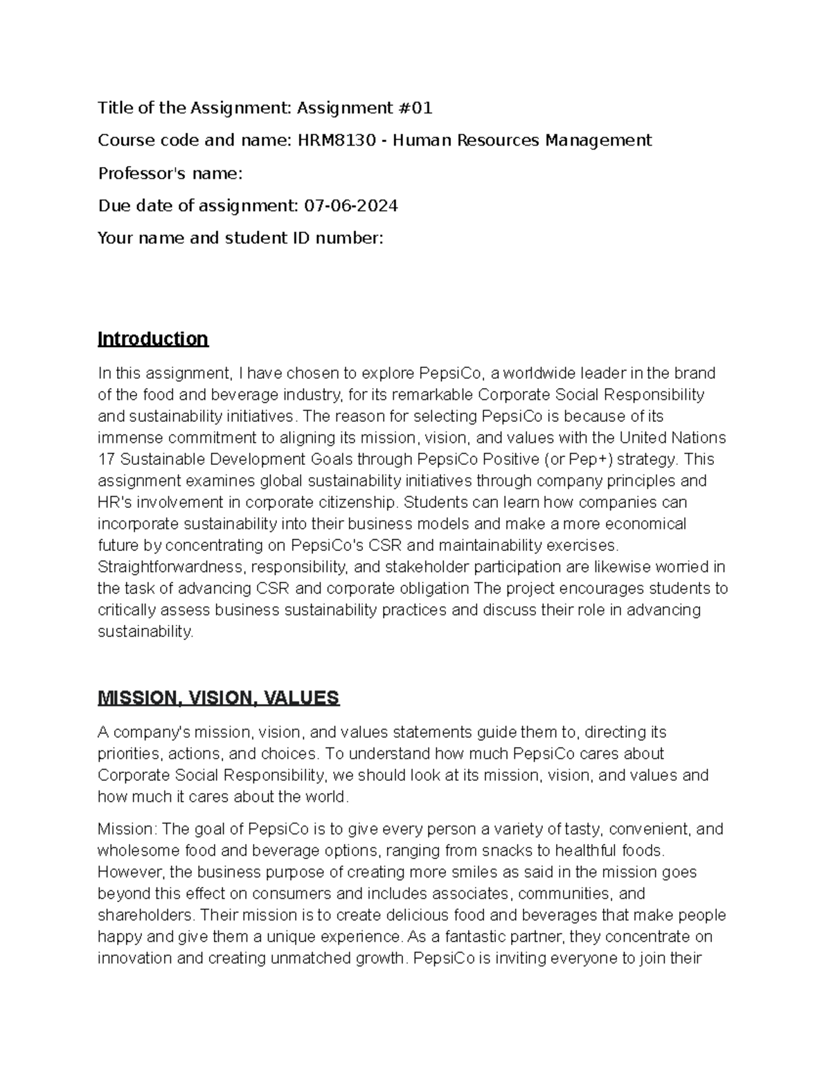 HRM (HRM8130) Assignment #1 The Sustainable Development Goals - Title of the Assignment ...
