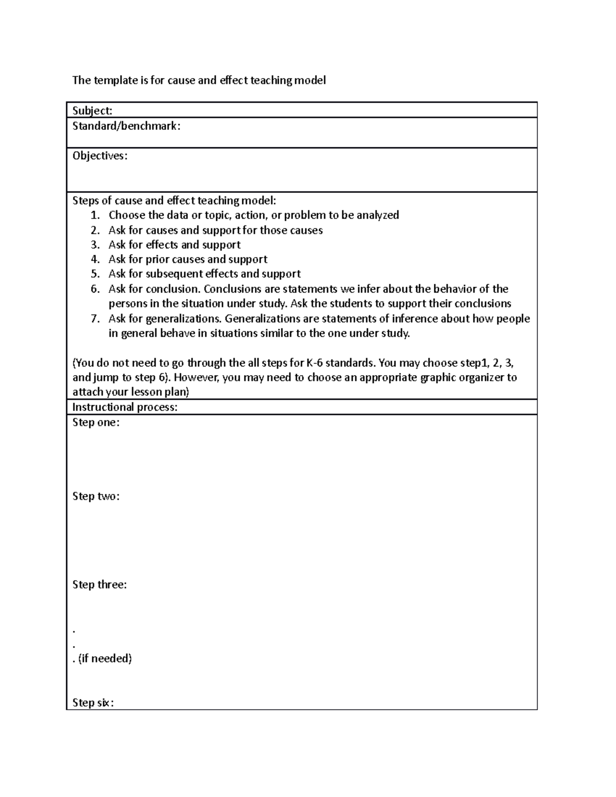 Cause and Effect Model Lesson Plan Template - The template is for cause ...