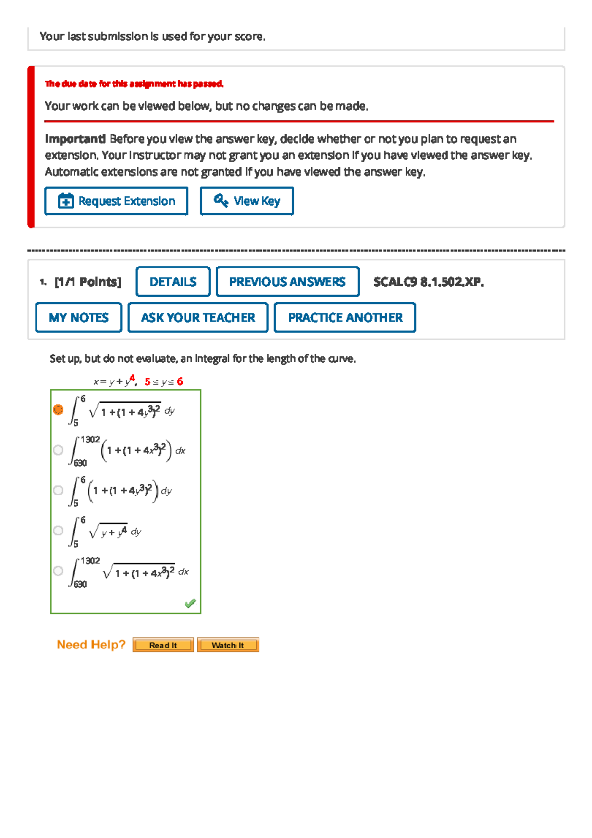 8.1 Arc Length - Math 152, section 4, Spring 2023 Web Assign - Set up, but do not evaluate, an ...
