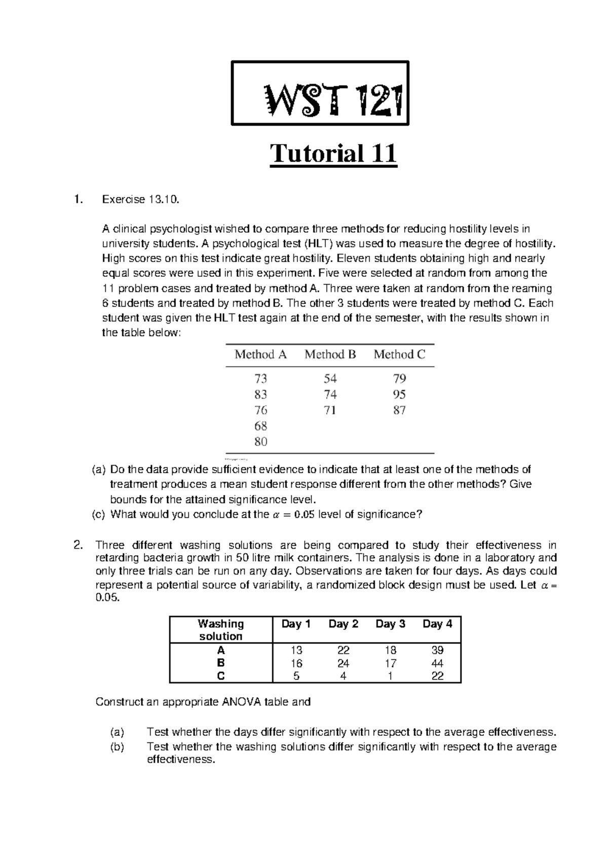 Tutorial 11-1 - Notes - WST 121 Tutorial 11 1. Exercise 13. A clinical ...