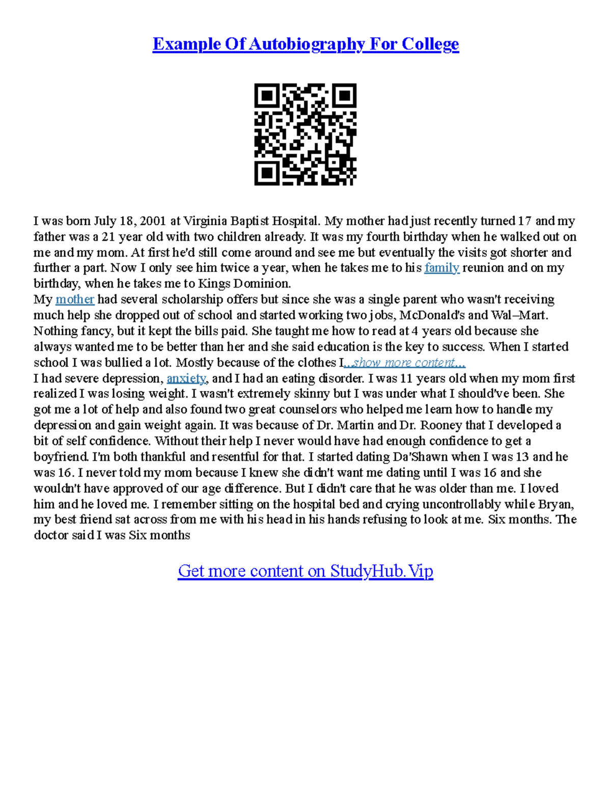 Example Autobiography Essay - Example Of Autobiography For College I ...