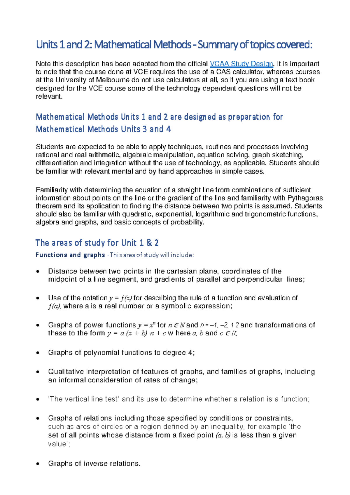 MM 1and2 Summary - Units 1 and 2: Mathematical Methods - Summary of ...