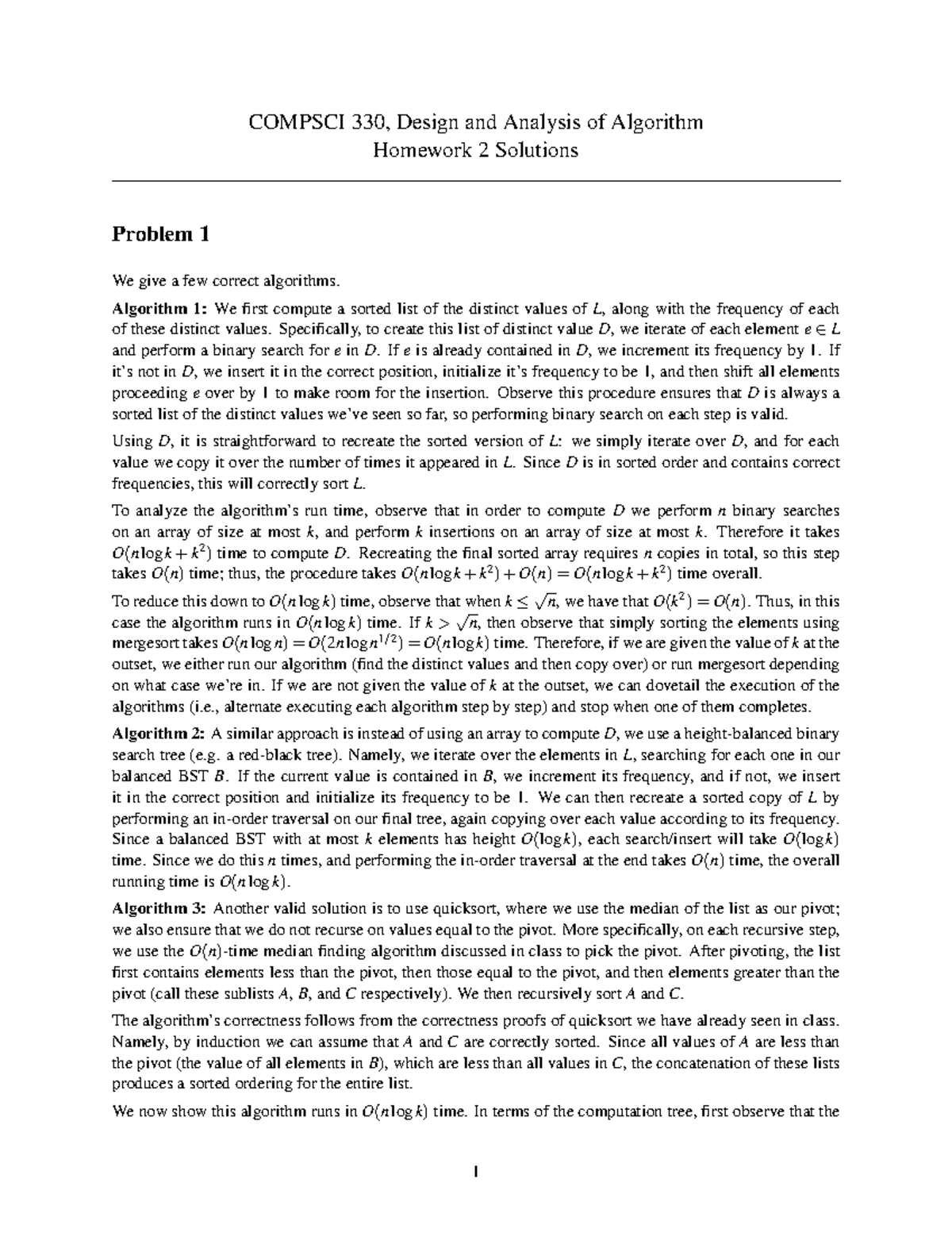 Hw2 Solutions Cs330 Duke University Compsci 330 Design And Analysis Of Algorithm Homework 2