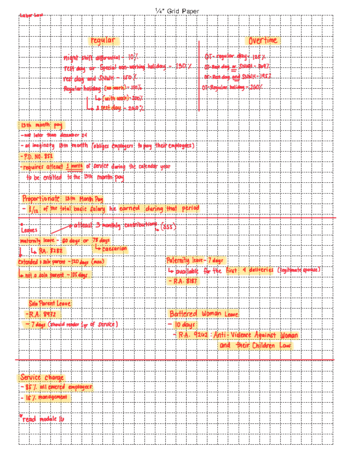 Labor Law - notes - Labor Law Grid Paper regular overtime night shift ...