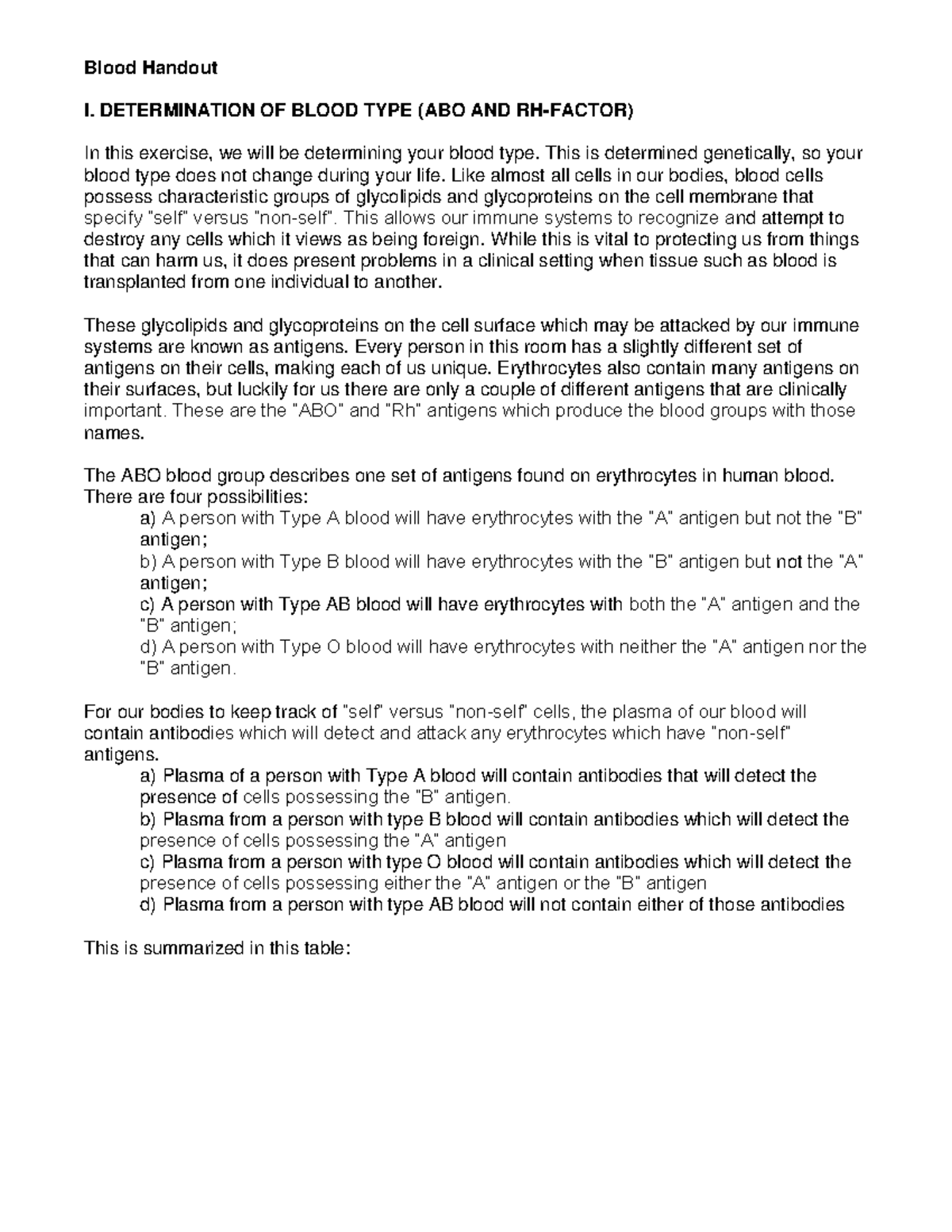 Blood Handout - DETERMINATION OF BLOOD TYPE (ABO AND RH-FACTOR) In this ...
