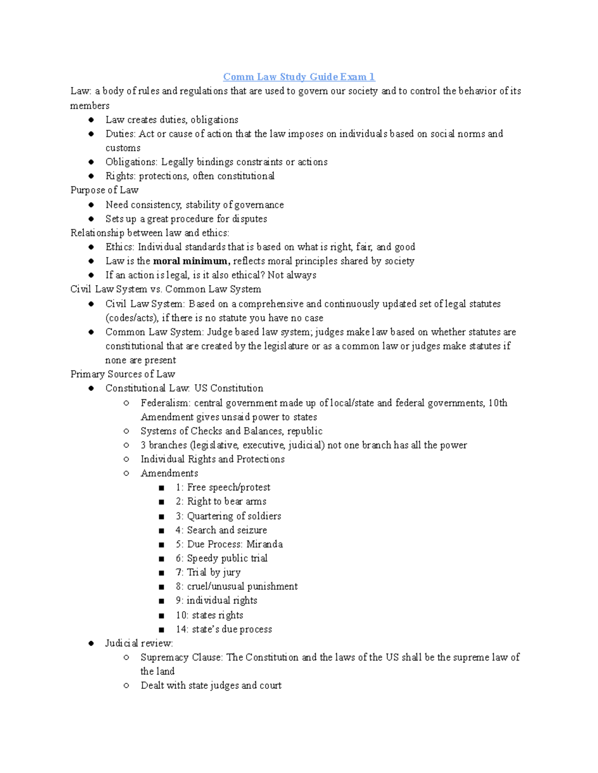 Exam 1 Lecture Notes - Comm Law Study Guide Exam 1 Law: a body of rules ...