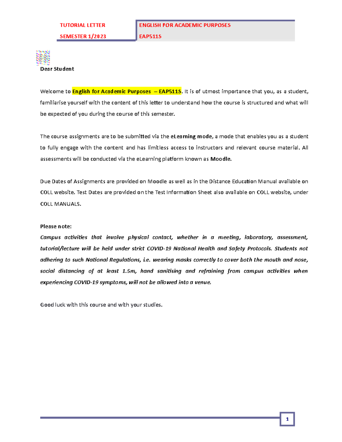 EAP Tutorial Letter ( Semester 1 2023) - SEMESTER 1/ EAP511S Dear Student Welcome to English for ...