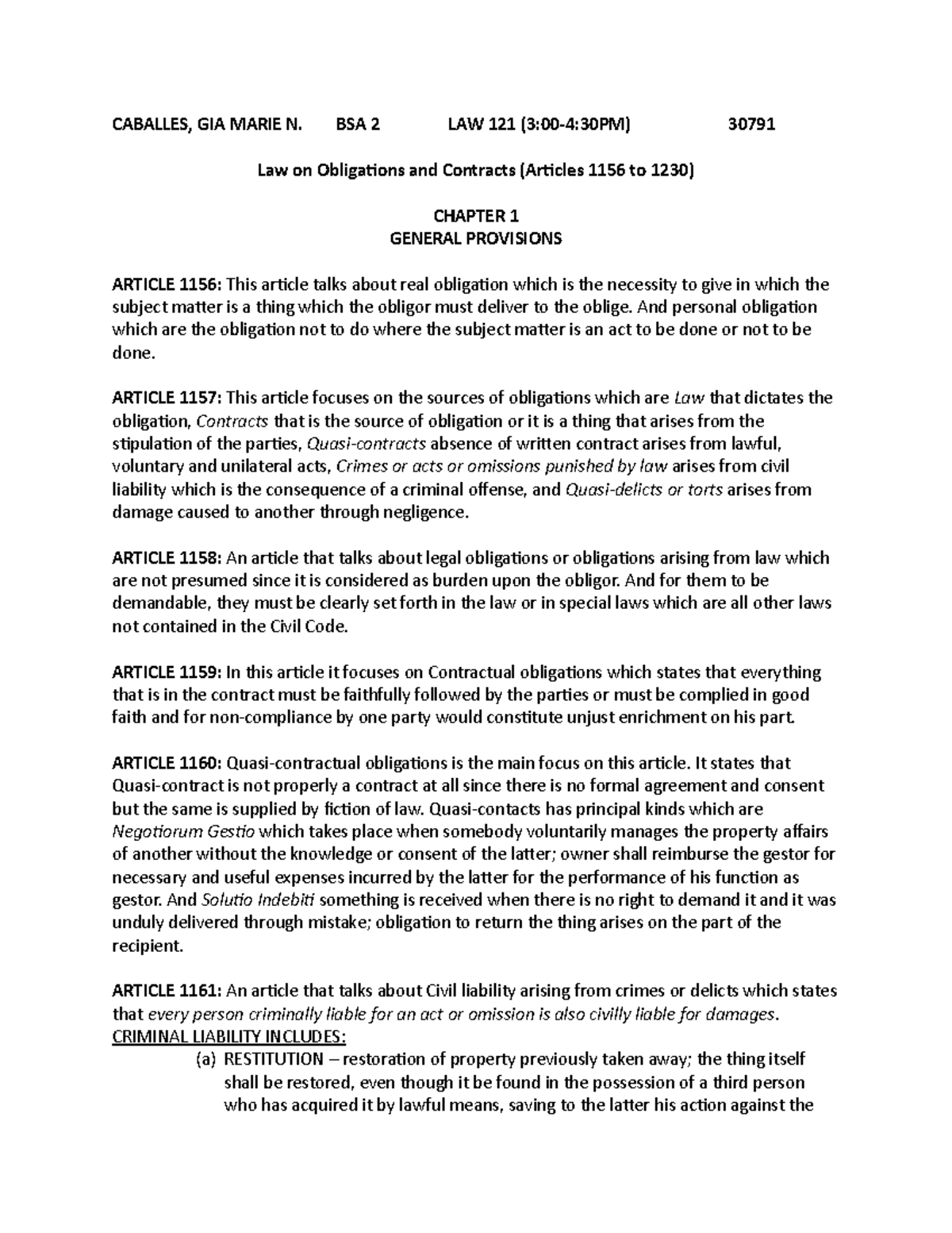 Synopsis( Article 1156-1230) Caballes - CABALLES, GIA MARIE N. BSA 2 ...