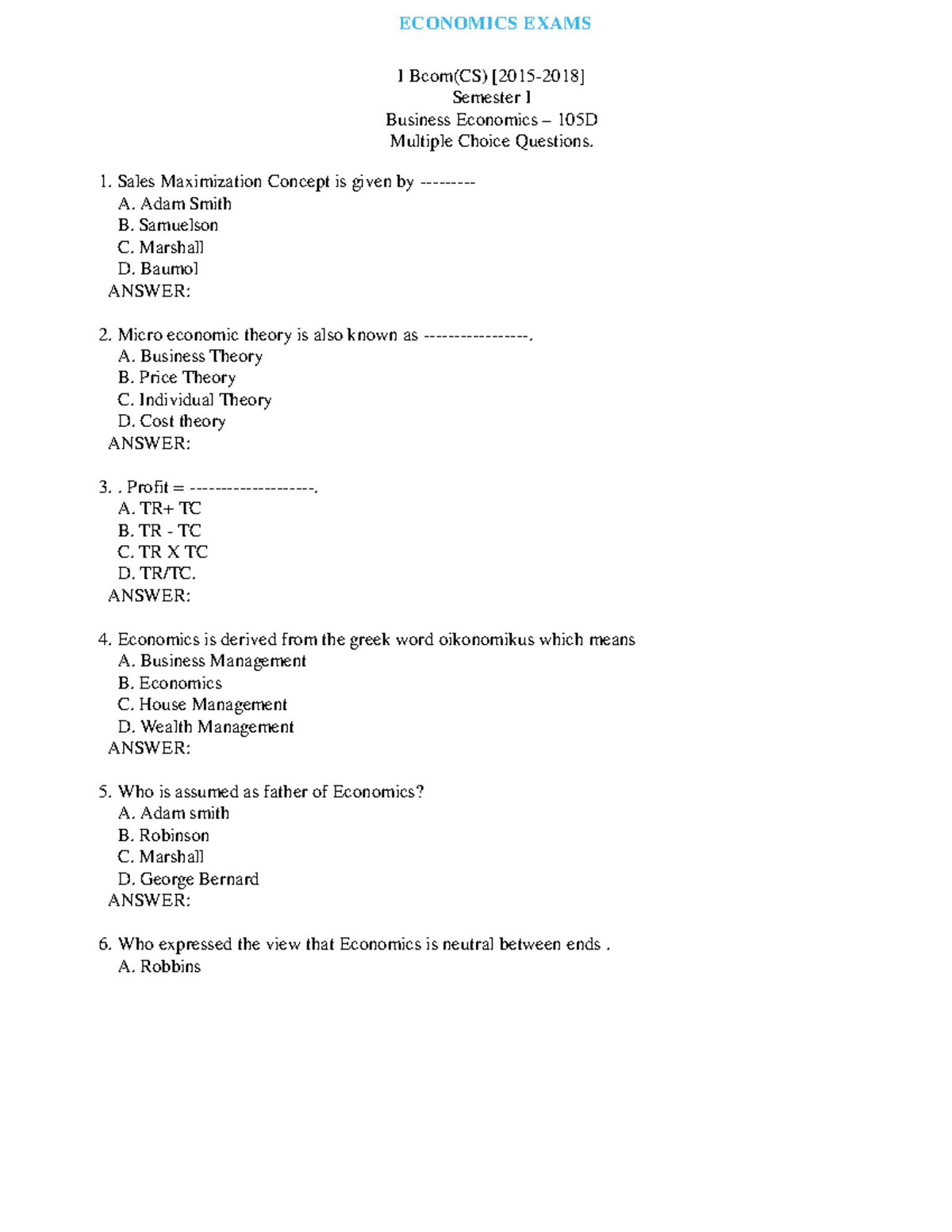 Business Economics Exams - ECONOMICS EXAMS I Bcom(CS)[2015-2018 ...