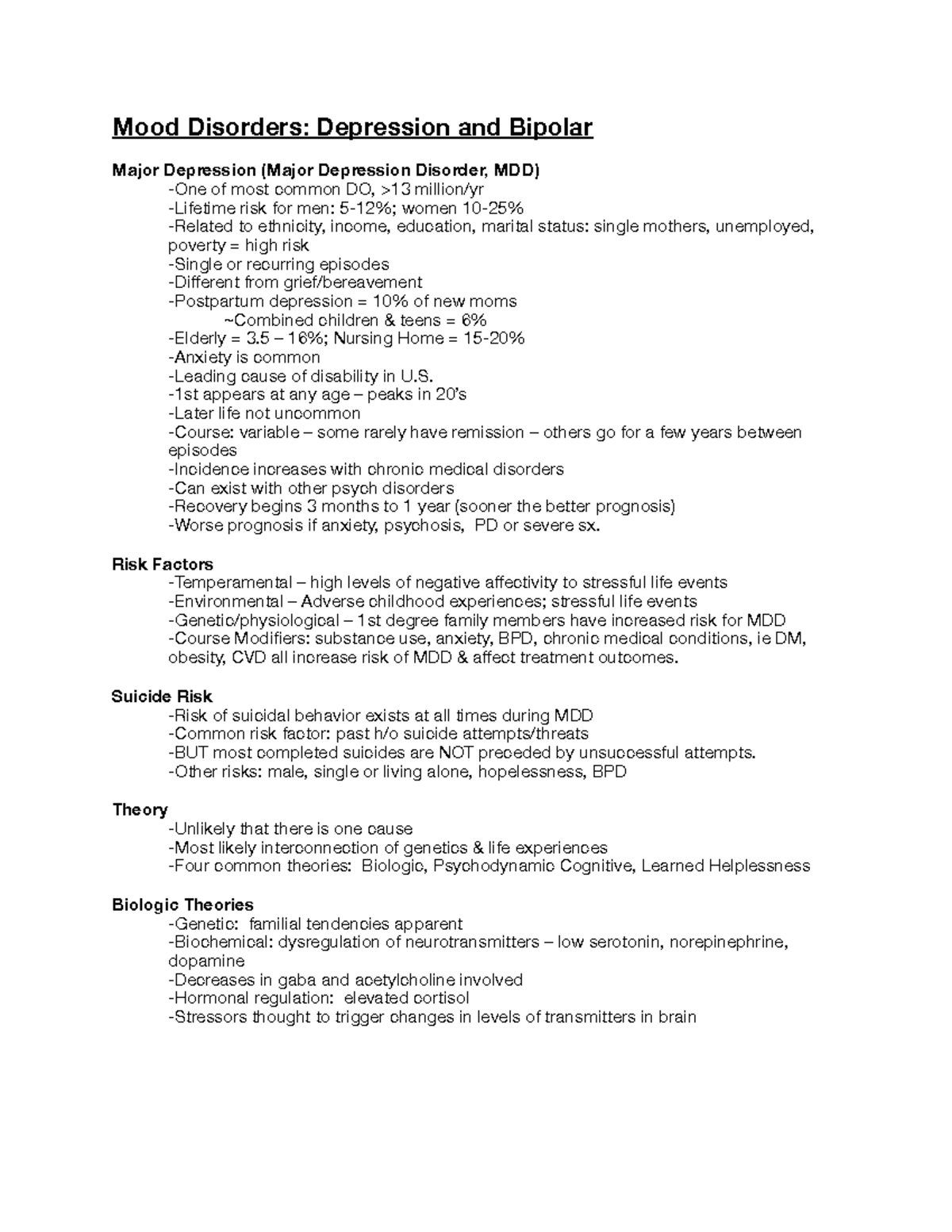 Mood Disorders Outline - Mood Disorders: Depression and Bipolar Major ...